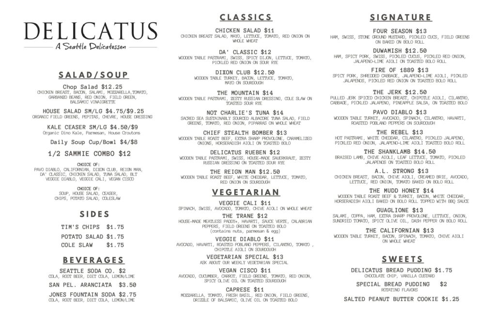 Delicatus Menu 2022 | Delicatus - 200 University St, Seattle, WA 98101